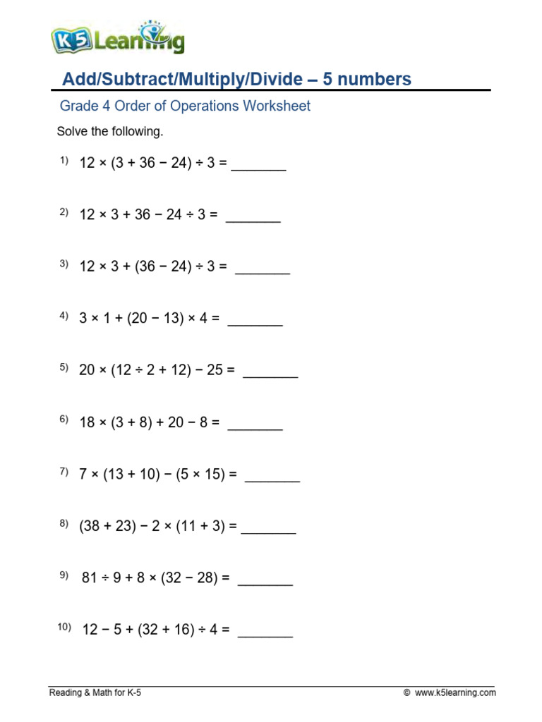 Grade 4 Order of Operations Worksheet | PDF
