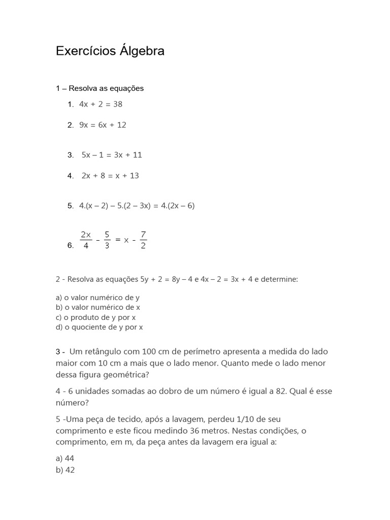 Exercícios Álgebra | PDF | Métodos e Materiais de Ensino | Computadores
