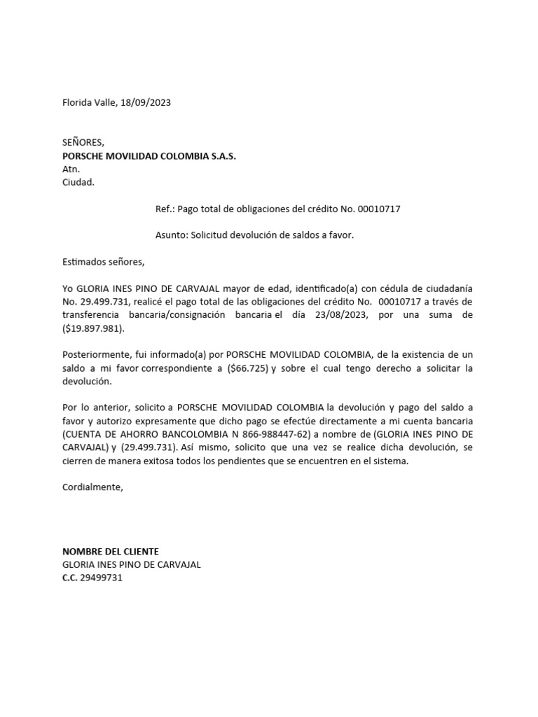 Modelo Carta Solicitud Devolución de Saldos A Favor Del Cliente | PDF