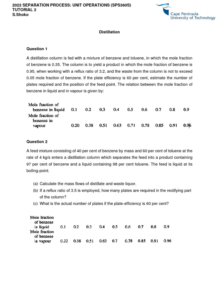 2023 Spu260s Tutorial 3 Questions Pdf Distillation Chemistry