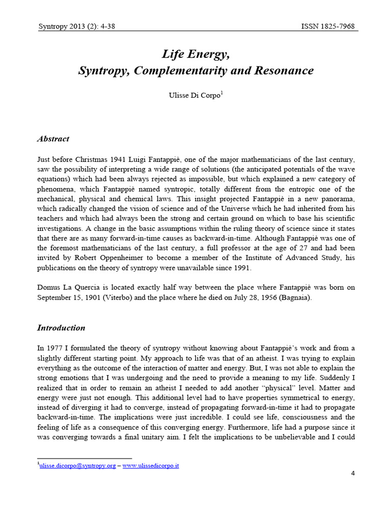 2013 08 Life Energy Syntropy Complementa | PDF | Synchronicity | Liquids
