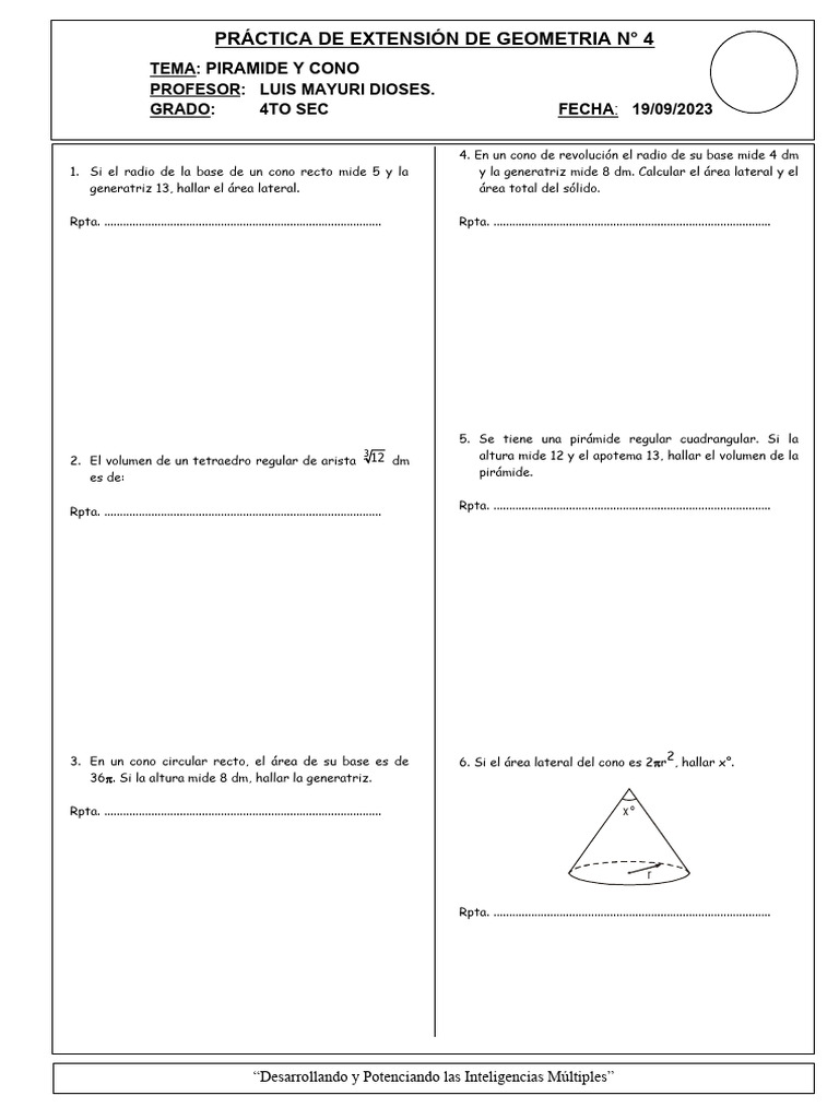 Practica Extensión 5 - Piramide y Cono - Geometria - 4to Sec | PDF | Formas geométricas ...