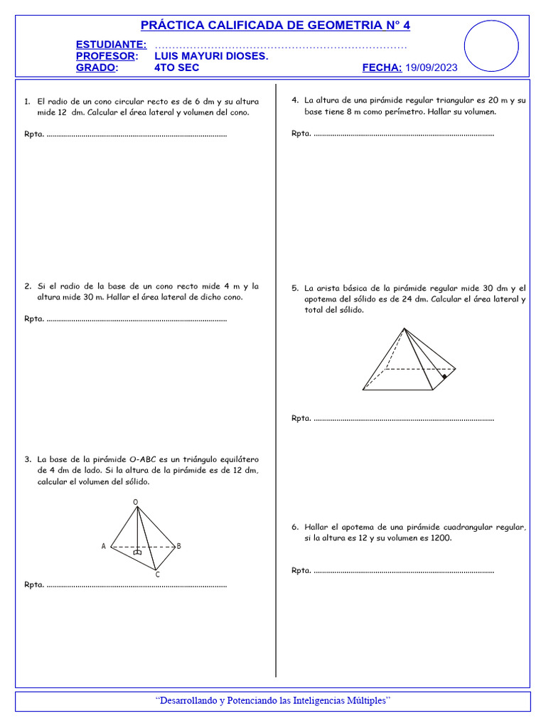 Practica Calificada 4 - Tema Piramide y Cono - Geometria - 4to Sec | PDF | Formas geométricas ...