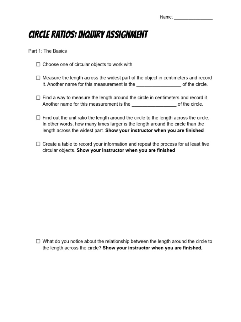 Circle Ratios - Inquiry Assignment | PDF | Circle | Ratio