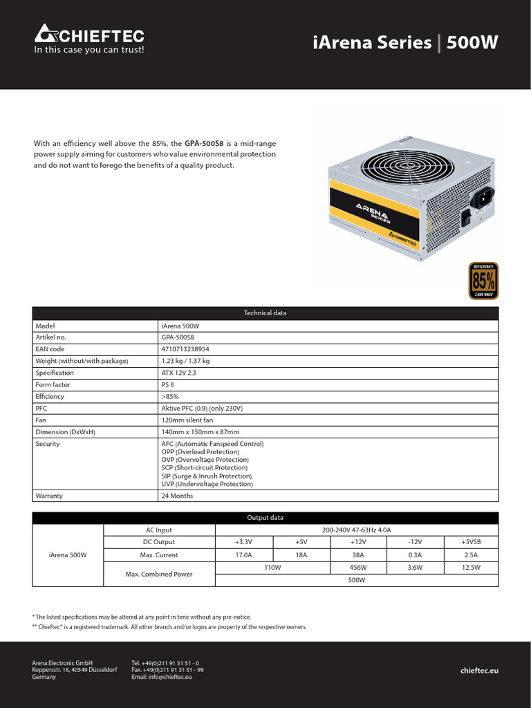 Chieftec Gpa 500s8 Psu Datasheet | PDF | Electric Power | Electronics