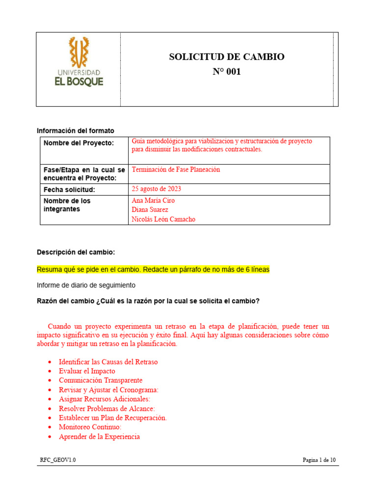Actividad 1 - Formato de Control de Cambios | Descargar gratis PDF | Planificación | Liderazgo