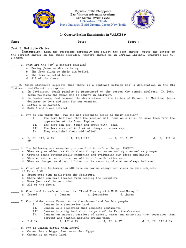 1q Exam Values 9 Prelim | PDF | Jesus | Samaritans