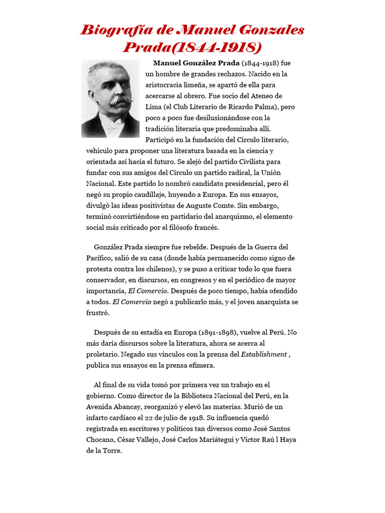 Biografía de Manuel González Prada | PDF | Historia | Clásicos
