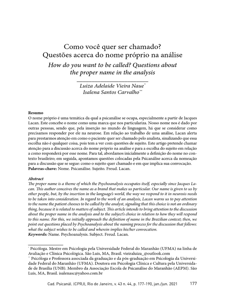 Como Você Quer Ser Chamado. Questões Acerca Do Nome Próprio Na Análise | PDF | Jacques Lacan ...
