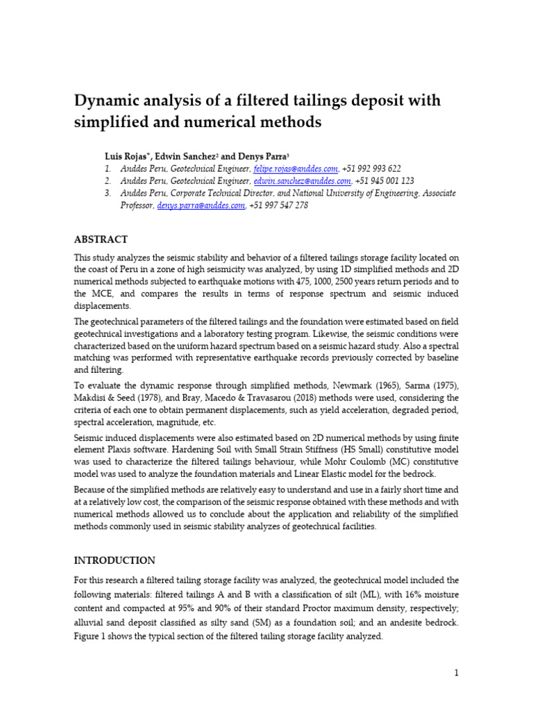 Dynamic Analysis of A Filtered Tailings Deposit With Simplified and ...