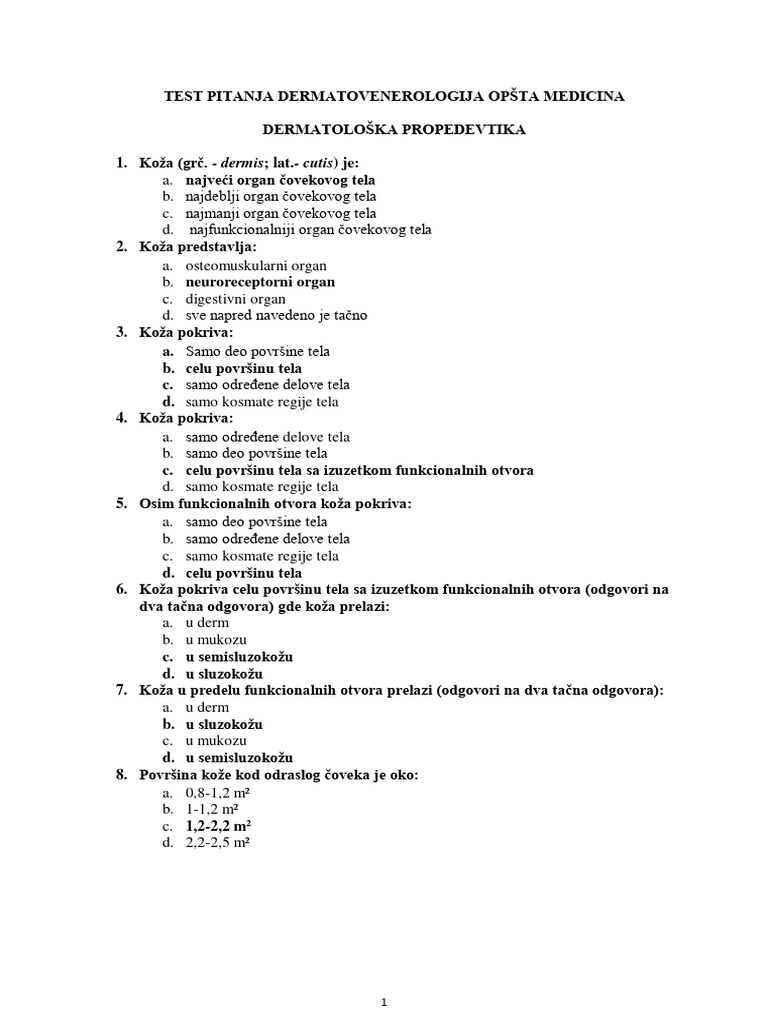 Test Pitanja Dermatovenerologija Opsta Medicina | PDF