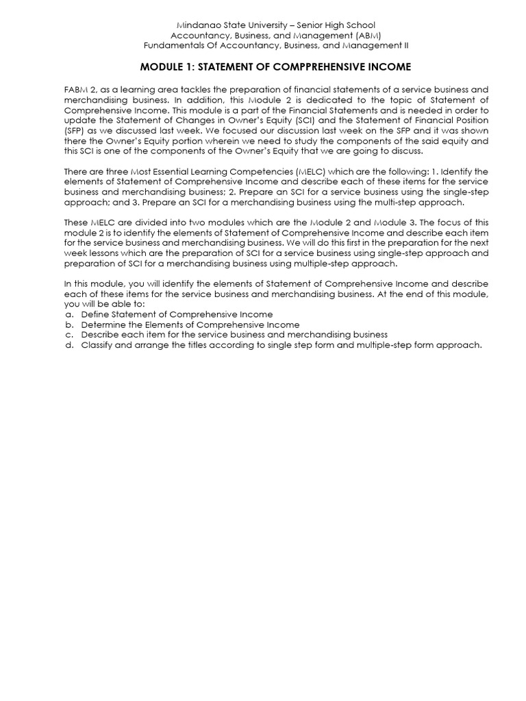 FABM2 Module 2. Statement of Comprehensive Income | PDF | Expense | Cost Of Goods Sold
