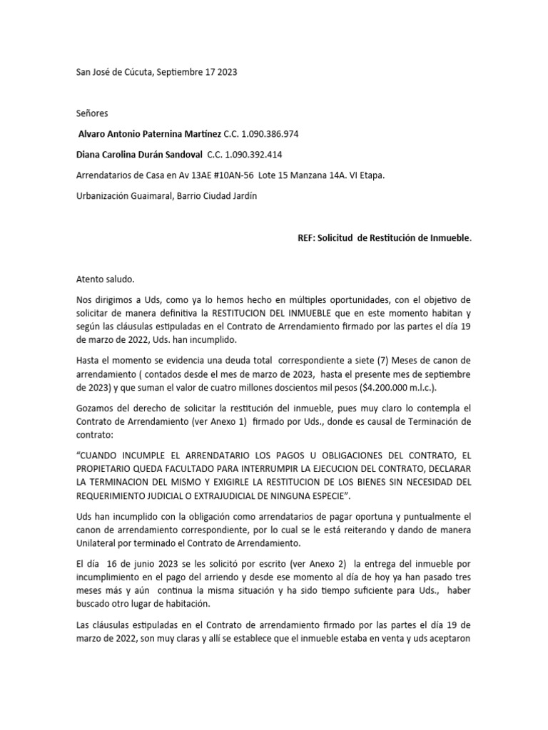 Carta A Inquilino. Restitucion de Inmueble | PDF | Derecho