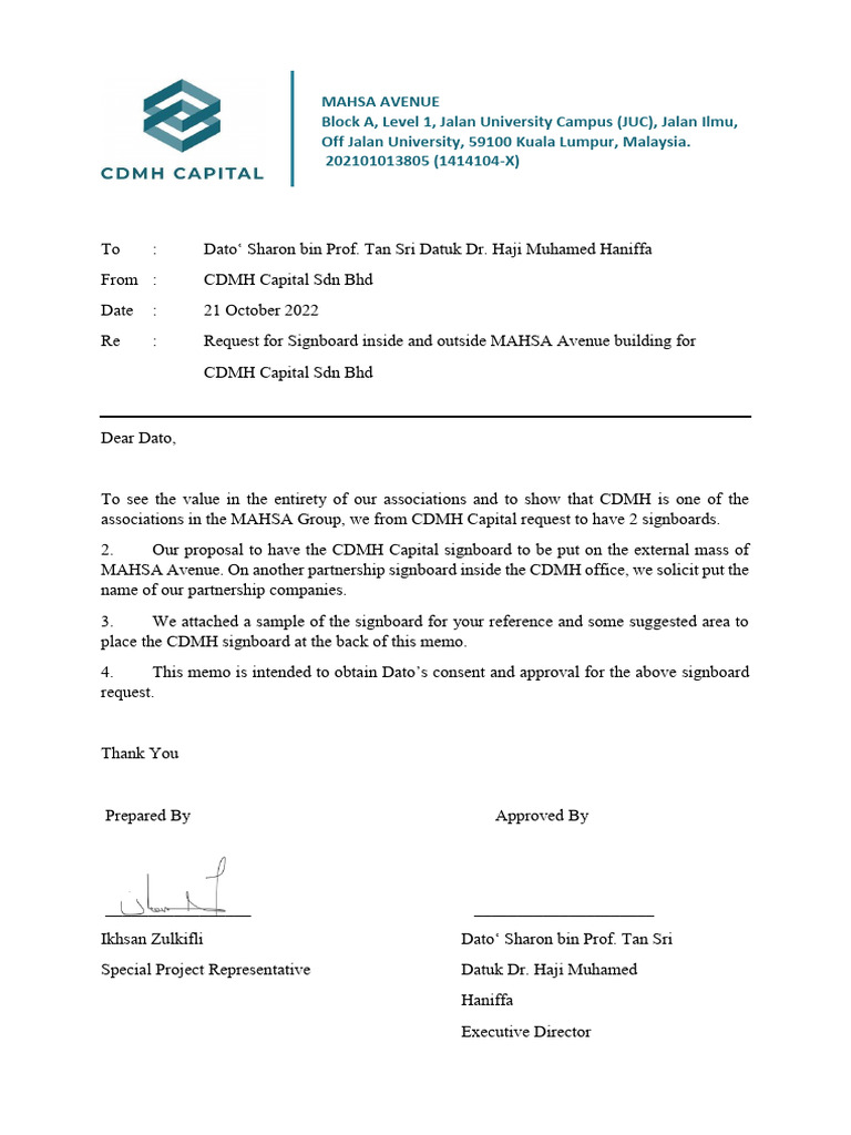 Memo To Dato Sharon Signboard | PDF