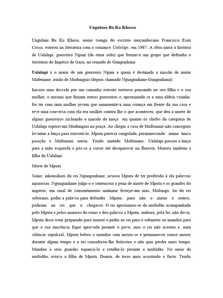 Resumo Da Obra de Ualalapi de Ungulani Ba Ka Khosa | PDF