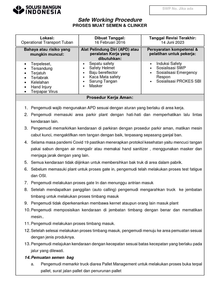 Safe Working Procedures Pemuatan Semen & Clinker Draft Revisi 14 Jun 2023-1 | PDF
