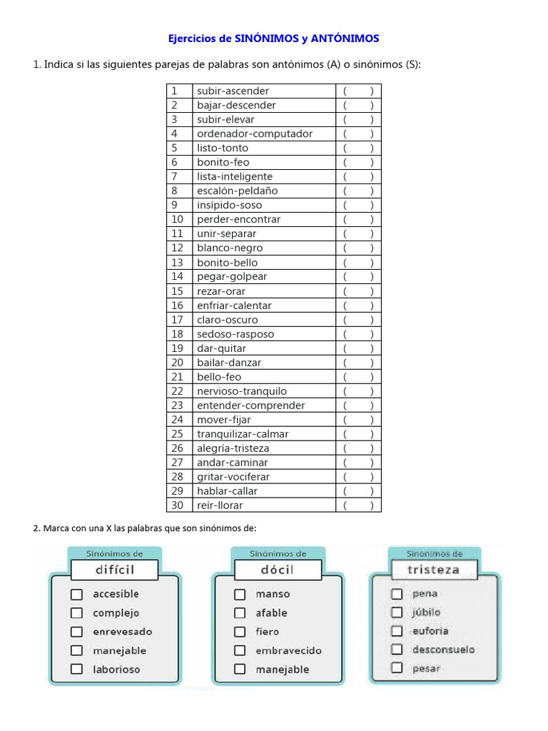 Ejercicios de Sinónimos y Antónimos | PDF