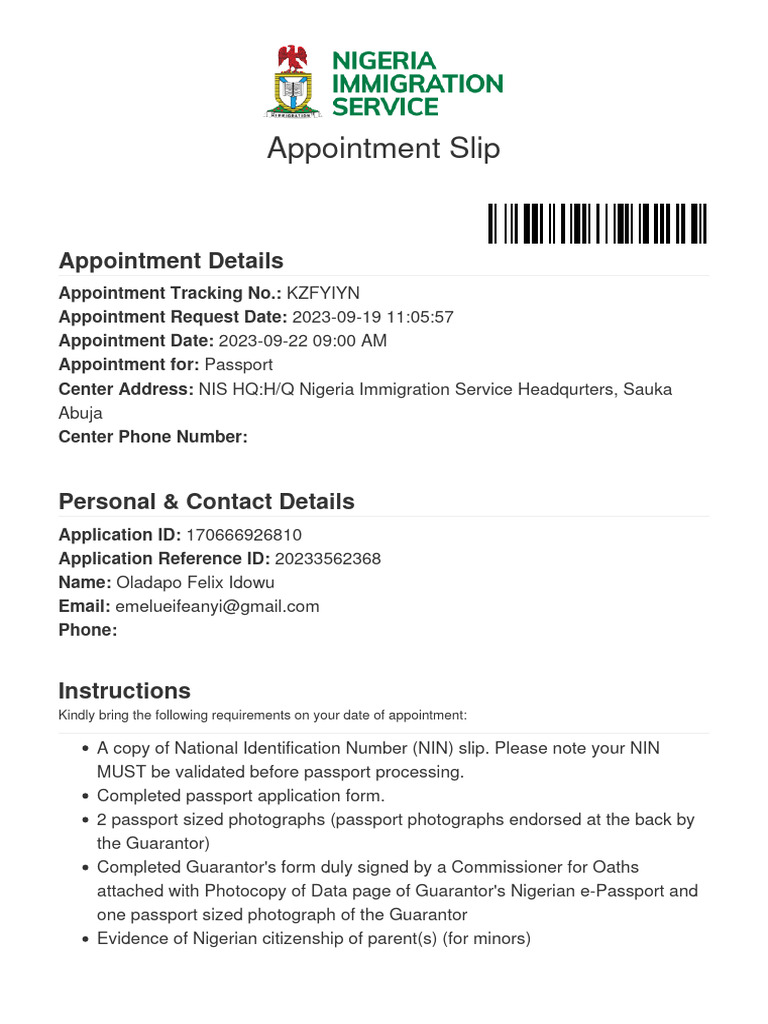 Appointment Slip | PDF | Identity Document | Government