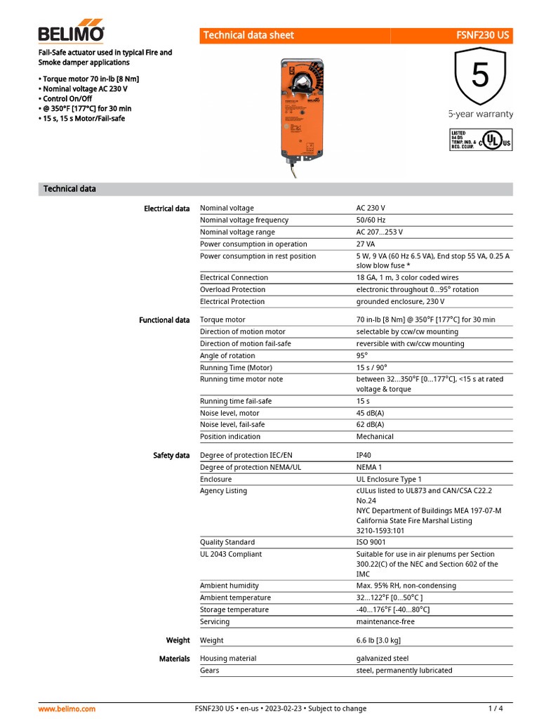 Belimo FSNF230 US Datasheet En-Us | PDF | Electric Motor | Alternating ...