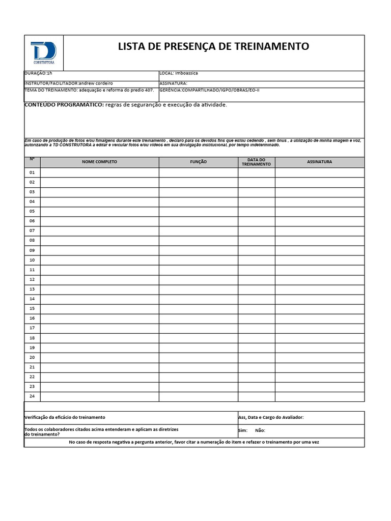 Modelo de Lista de Treinamento No Procedimento | PDF
