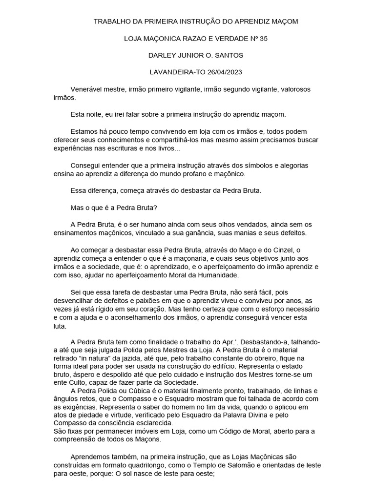 Trabalho Da Primeira Instrução Do Aprendiz Maçom | PDF | Loja Maçônica ...