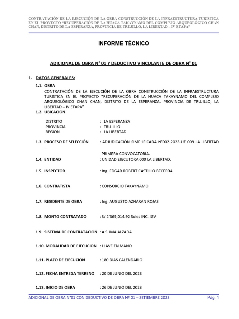 INFORME JUSTIFICATORIO DEDUCTIVO DE OBRA #01. Takaynamo | PDF | Presupuesto | Hormigón