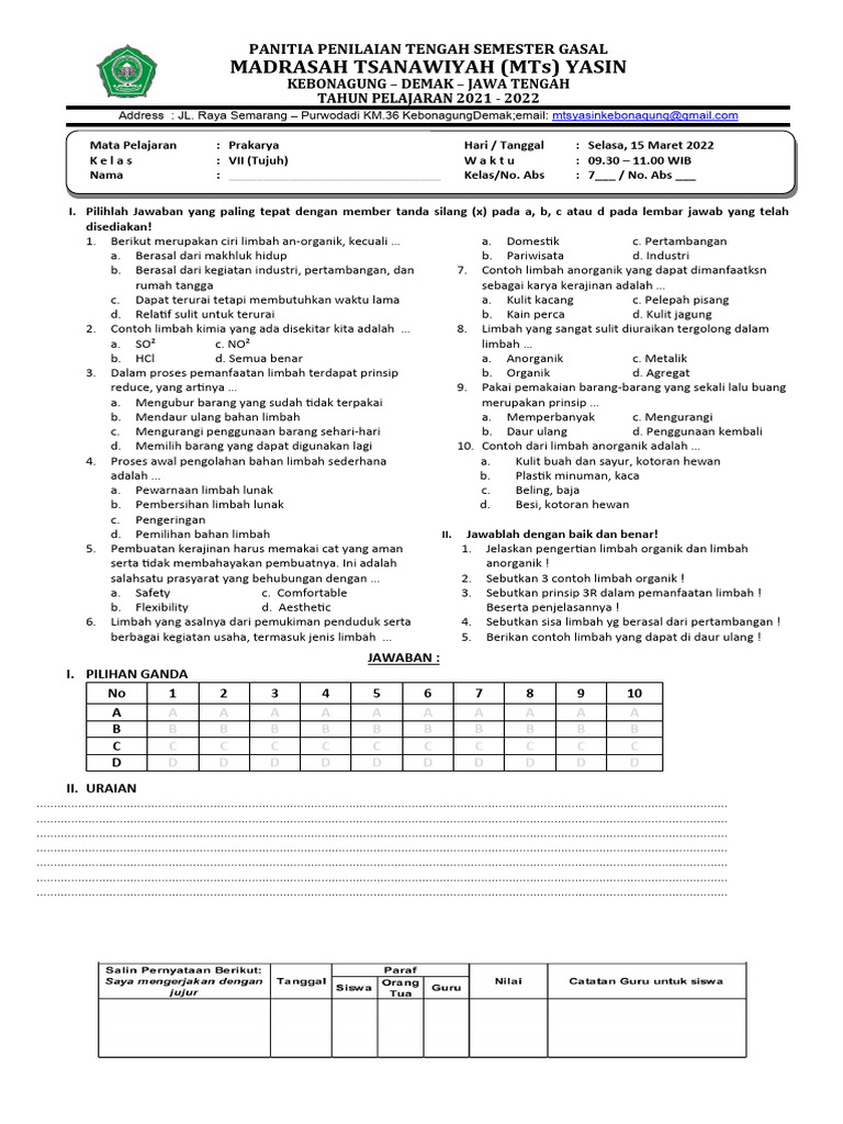 Soal PTS Genap Prakarya Kelas 7 2021-2022 | PDF