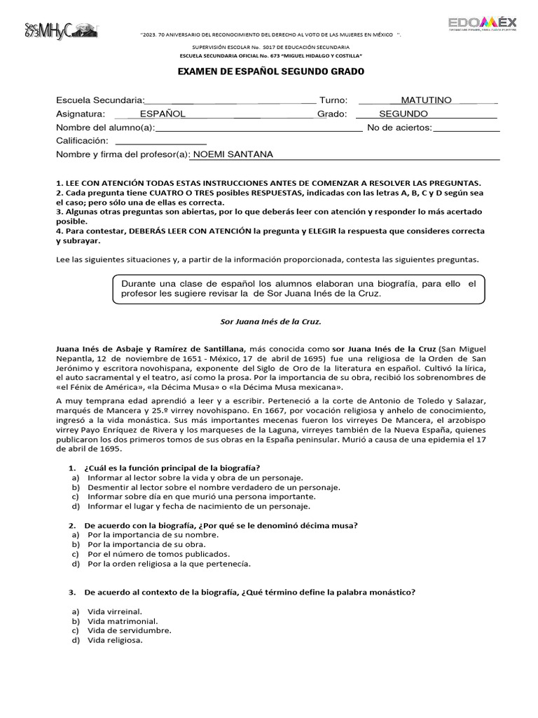 EXAMEN ESPAÑOL 2° SECUNDARIO | PDF | Poesía | Nueva españa