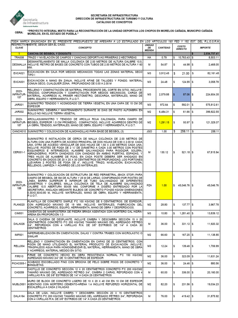 Catálogo de Conceptos para Unidad Deportiva | PDF | Hormigón ...