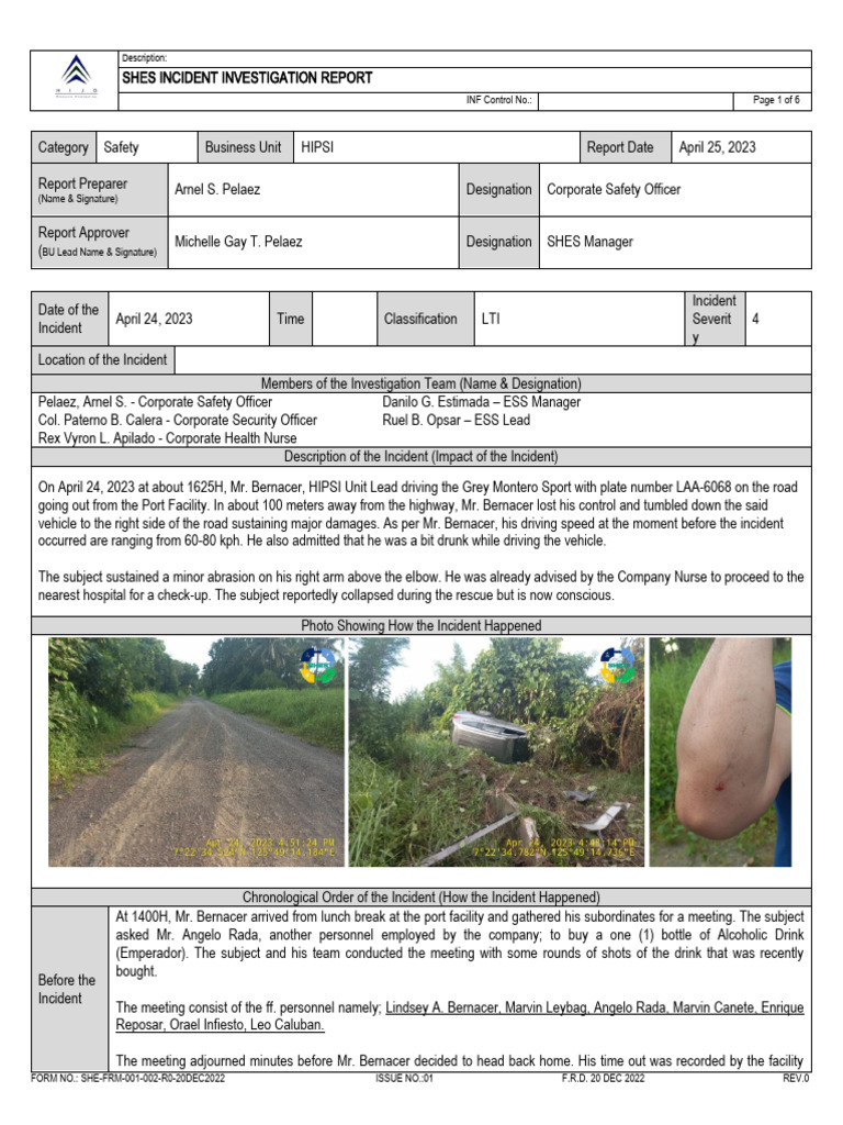 Incident Investigation Report-LBernacer Car Crash Incident | PDF