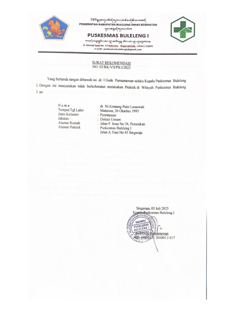 Surat Rekomendasi Puskesmas Buleleng 1 | PDF