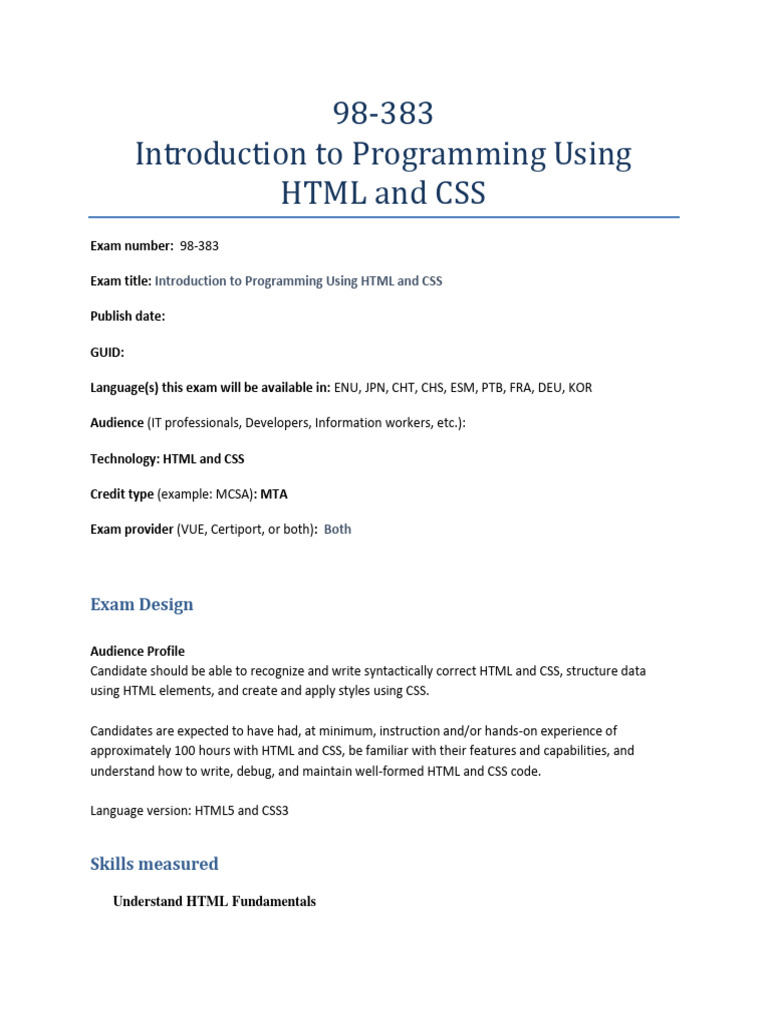 MTA 98-383 Introduction to Programming Using HTML and CSS | PDF | Html Element | Computer File ...