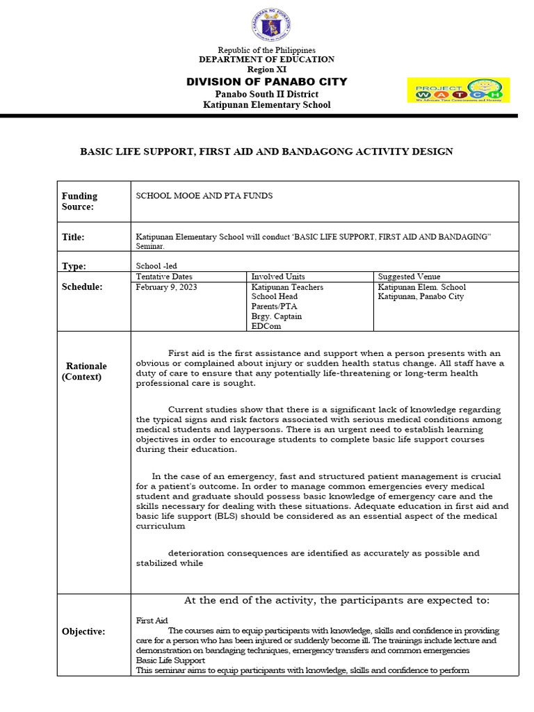 Basic Life Support, First Aid and Bandaging Activity Design 2023 For DRRM | PDF | First Aid ...