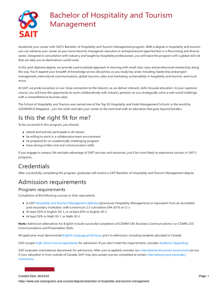 Bachelor of Hospitality and Tourism Management | Download Free PDF ...