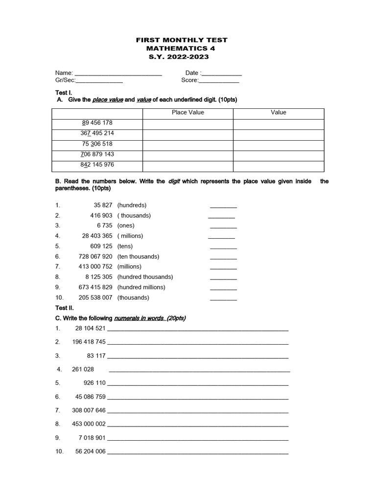 Monthly Math and English Tests 2022-2023 | PDF | Mathematics | Notation