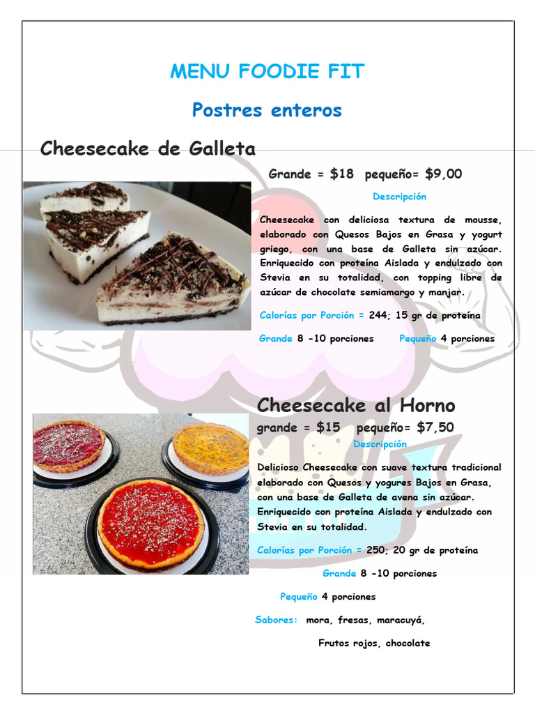 Menu Foodie | Descargar gratis PDF | Tarta de queso | Postres