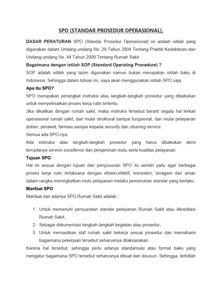 Pengertian dan Manfaat SPO Rumah Sakit | PDF
