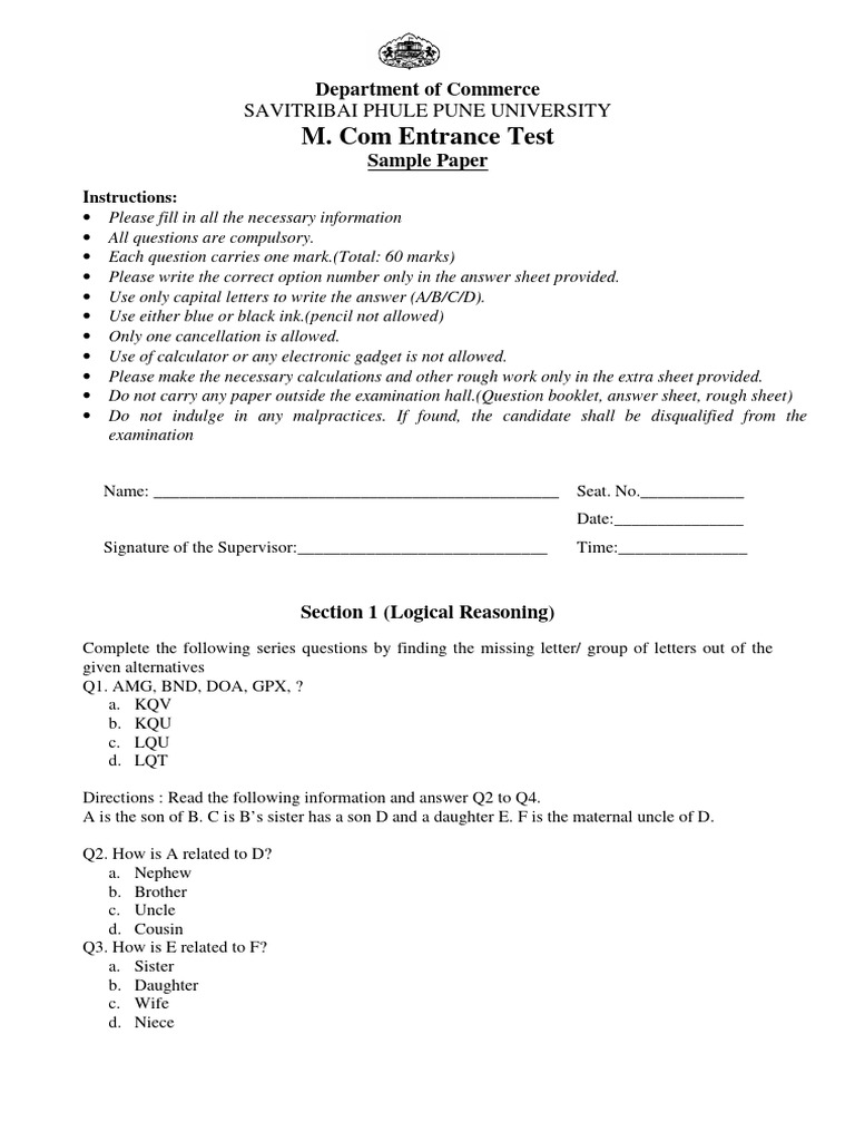 Unipune M Com Entrance Exam Question Paper | PDF | Cost | Goodwill (Accounting)