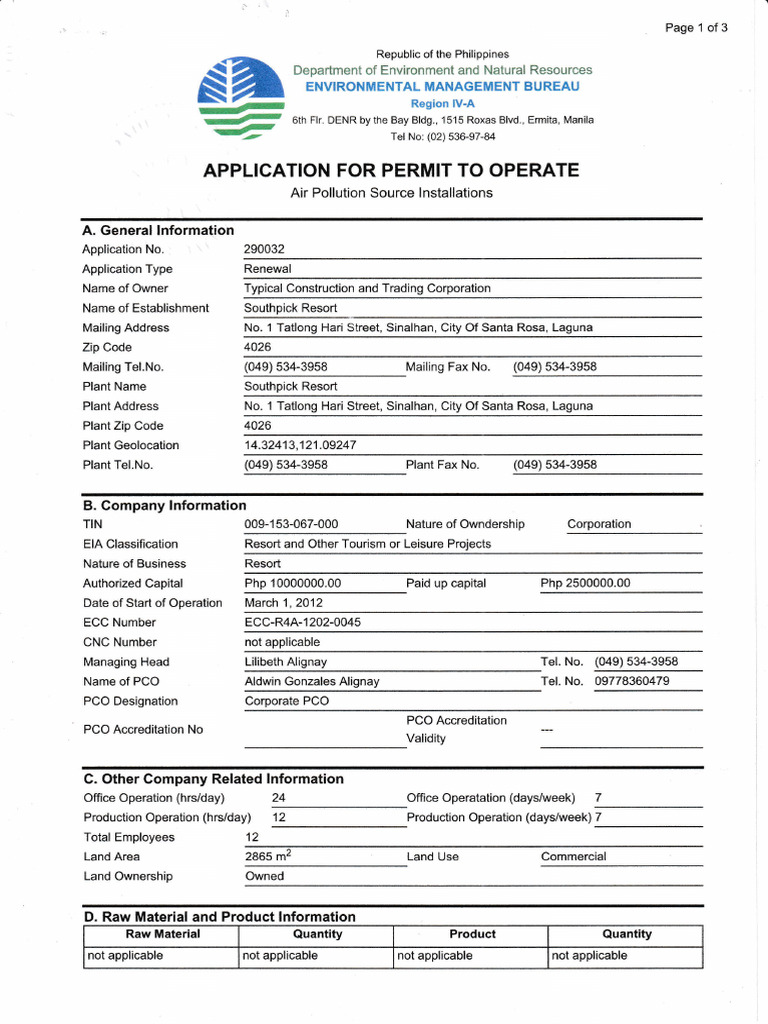 Application Permit To Operate Southpick Resort | PDF