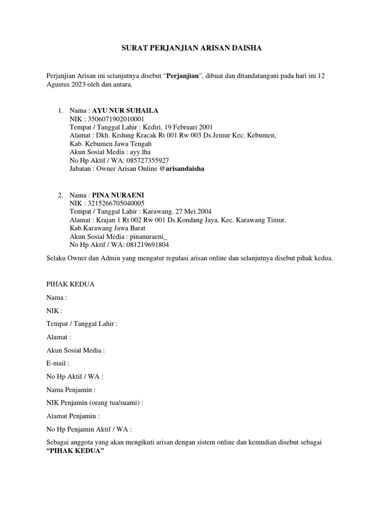 Surat Perjanjian Arisan Daisha 1 Pdf