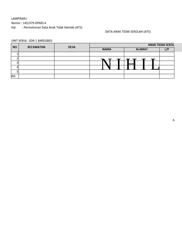Data - Anak - Tidak - Sekolah - SDN - 1 - Baregbeg | PDF