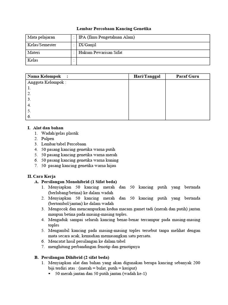 Lembar Percobaan Kancing Genetika | PDF