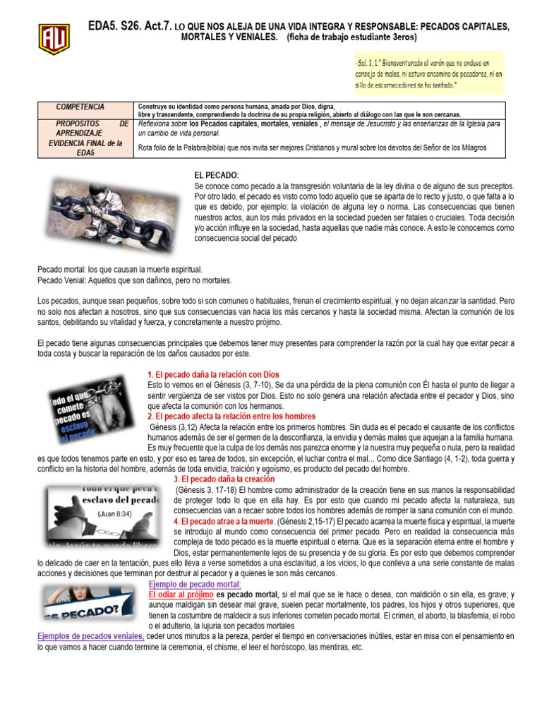 EDa5 S26.Act7 6ficha de Trabajo Estudiante Tipos de Pecado 3ero | PDF | Pecado | Siete pecados ...