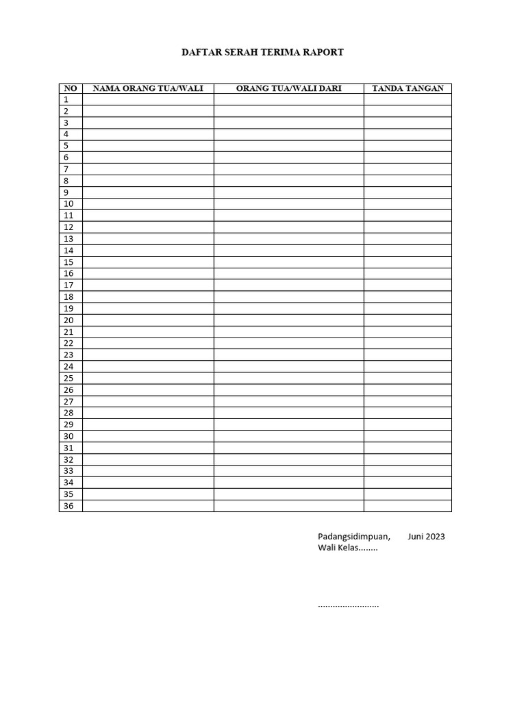 Daftar Serah Terima Raport 2023 | PDF