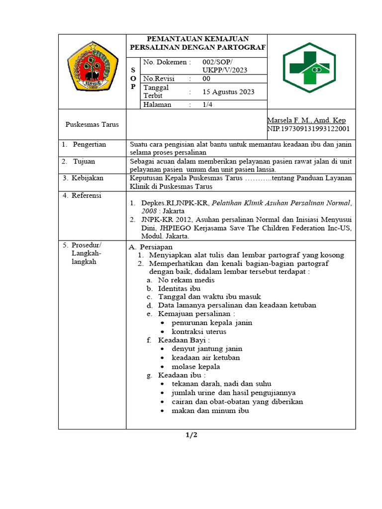 DESA OELPUAH SOP Pemantauan Kemajuan Persalinan Dengan Partograf | PDF