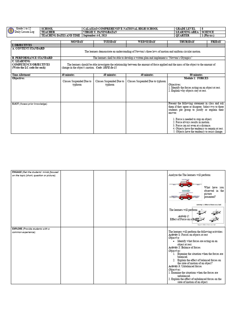 7E DLL Grade 8 Forces | PDF | Force | Learning