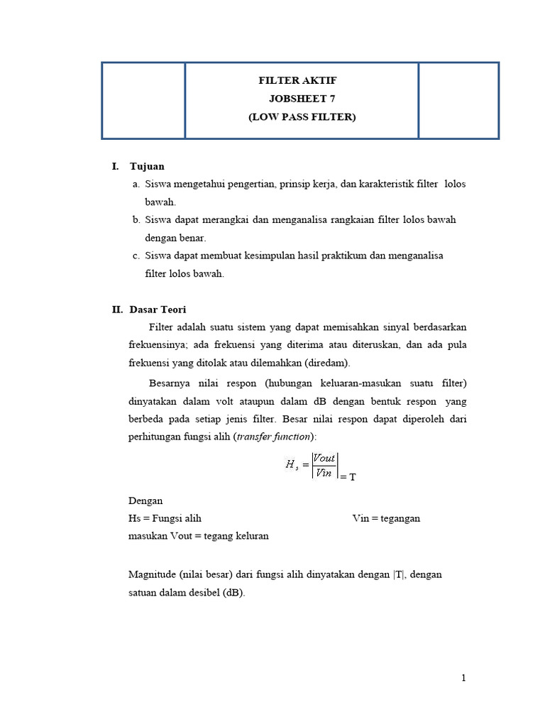 Instrumentasi Industri Jobsheet 7 Low Pass Filter | PDF