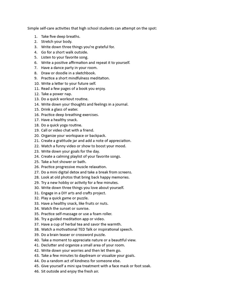 Self-Care Activities | PDF | Relaxation (Psychology) | Meditation