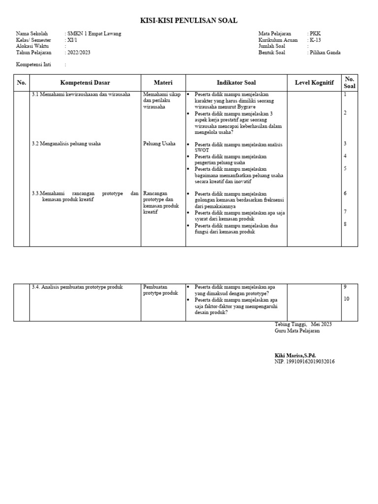 Kisi-Kisi Soal PKK Kelas XI 2023 Mid Kiki | PDF