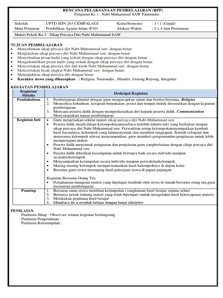RPP 1 Lembar PAI Kelas 3 Semester 1 | PDF | Karier & Perkembangan